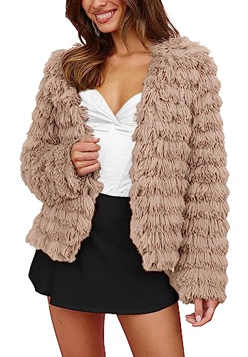 PRETTYGARDEN Womens Winter Coats Fashion Faux Fur Long Sleeve Fleece Shaggy Lightweight Fall Cropped Jacket Outerwear (Dark Khaki,Medium)