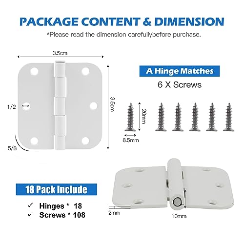 18 Pack White Door Hinges,3.5 Inch Rounded 5/8" Radius Door Hinges Interior 3 1/2 Inch Door Hinges Bifold Residential Standard Bedroom Indoor Door Hinges for Doors Home