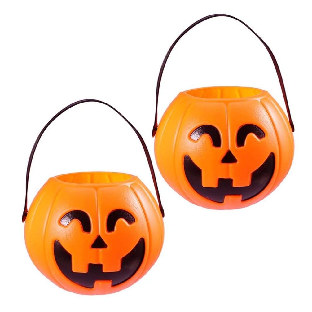 SAFIGLE 2 Pcs 17cm Large Plastic Halloween Pumpkin Buckets - Portable Trick or Treat Candy Pails for Kids, Perfect for Halloween Party Decorations Plastic Trick or Treat Buckets Pumpkin Pail