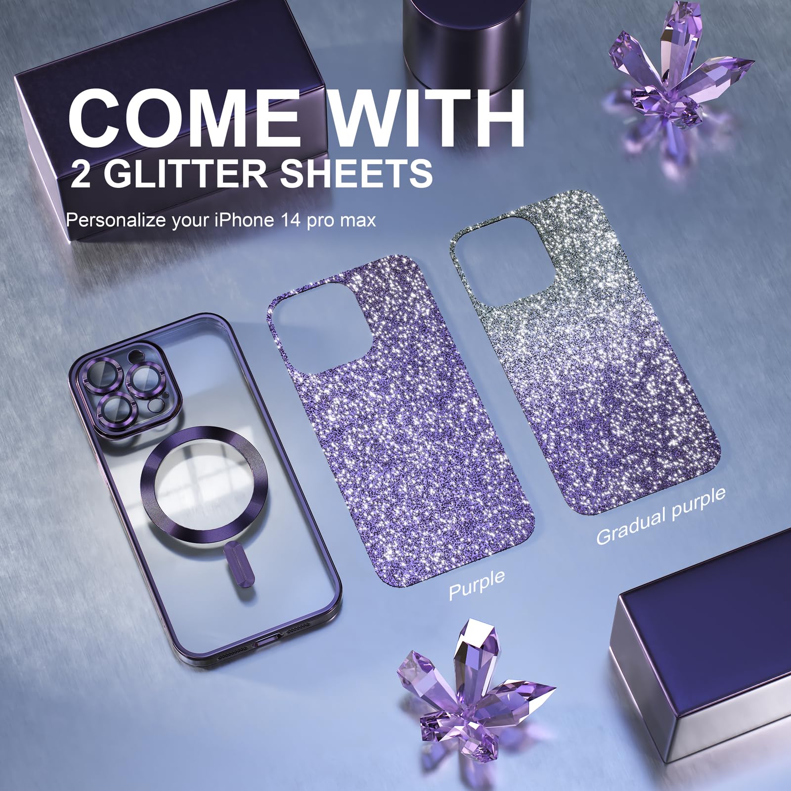 QVLANG Magnetic Clear Case for iPhone 14 Pro Max Case [Compatible with MagSafe] [Full Camera Lens Protection] [2 Replaceable Glitters] Luxury Shiny Cover for Women Girls (6.7") - Deep Purple