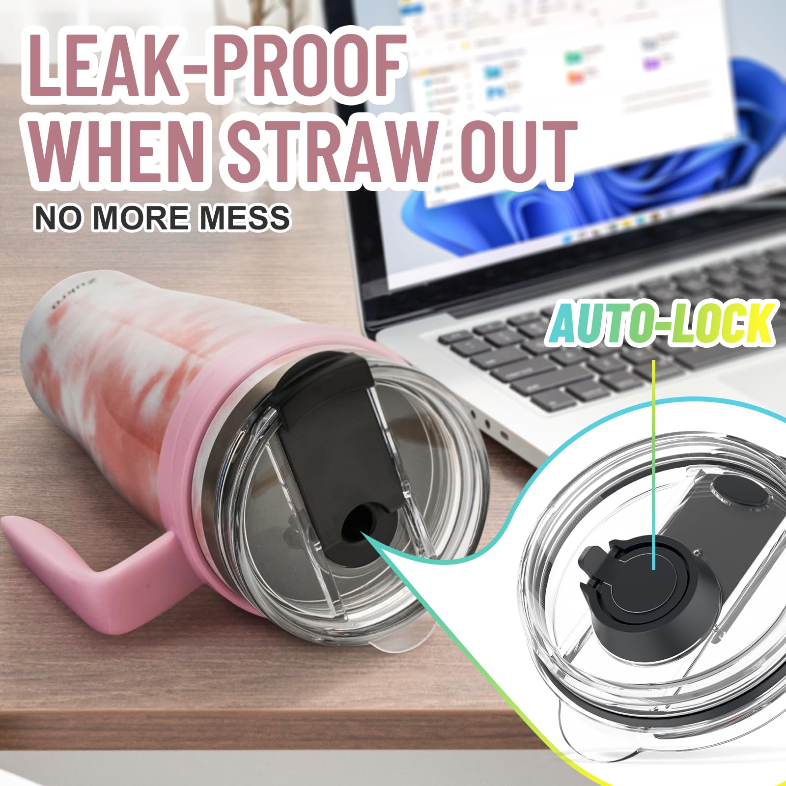 Zukro 50 oz Tumbler With Handle and Straw, Large Leak Proof Vacuum Insulated Double Wall Stainless Steel Cup with 2-in-1 Screw Lid, No Sweat, Travel Mug Fit in Cup Holder, Keeps Drinks Cold 30 Hours