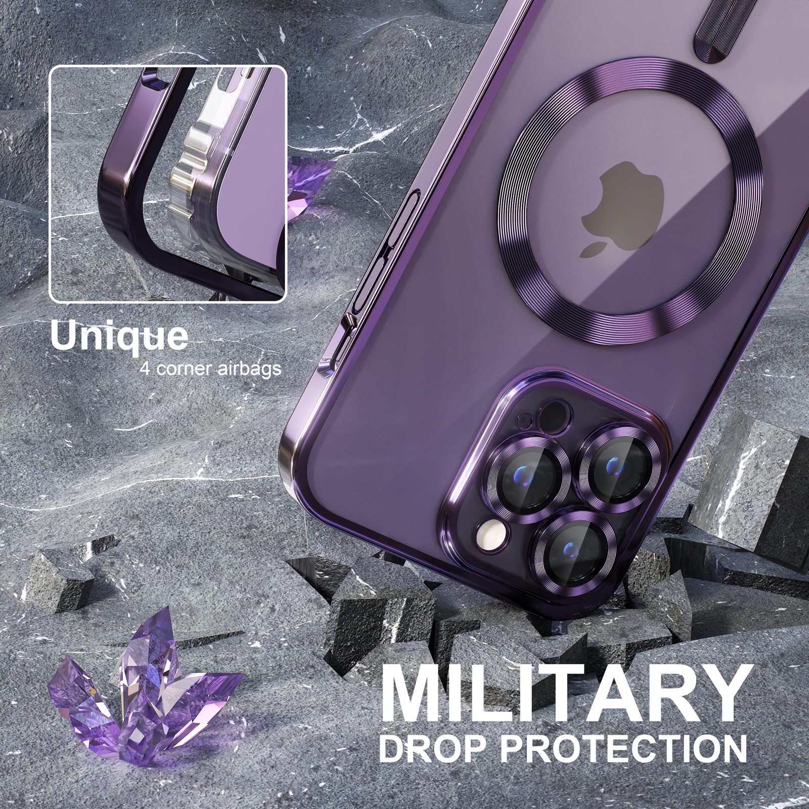 QVLANG Magnetic Clear Case for iPhone 14 Pro Max Case [Compatible with MagSafe] [Full Camera Lens Protection] [2 Replaceable Glitters] Luxury Shiny Cover for Women Girls (6.7") - Deep Purple
