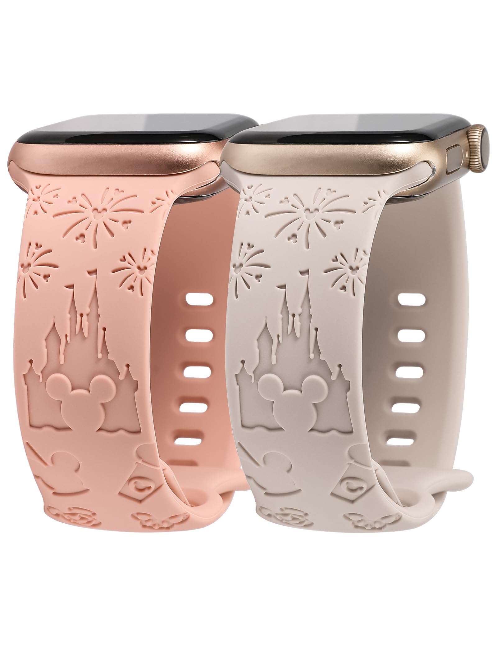 Girovo 2 Packs Cartoon Bands Compatible with Apple Watch Bands 41mm 40mm 38mm Womens, Stylish Soft Silicone Cute Engraved Strap for iWatch Series 10/9/8/7/6/5/4/3/2/1/SE/Ultra/Ultra2, Starligh &Pink