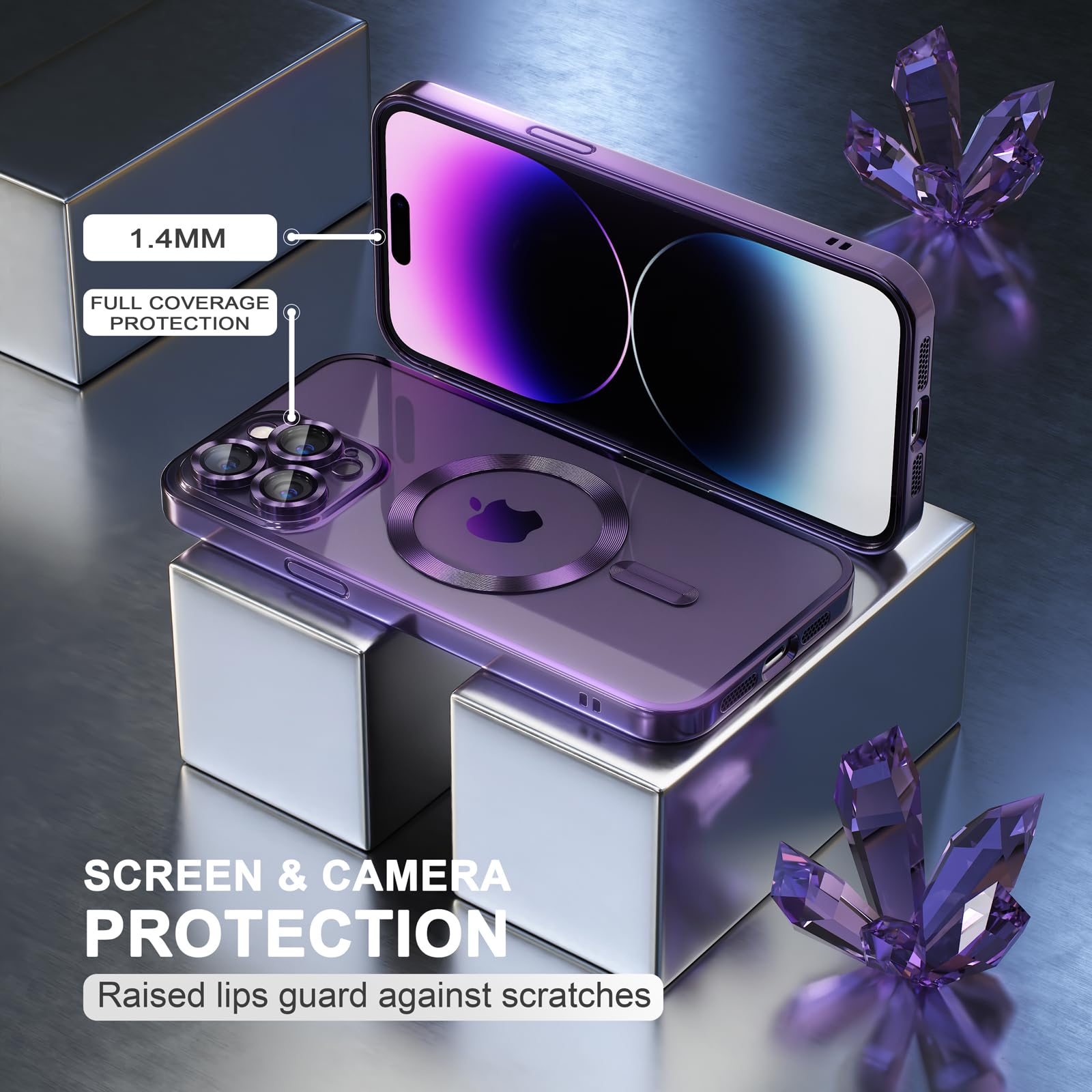 QVLANG Magnetic Clear Case for iPhone 14 Pro Max Case [Compatible with MagSafe] [Full Camera Lens Protection] [2 Replaceable Glitters] Luxury Shiny Cover for Women Girls (6.7") - Deep Purple