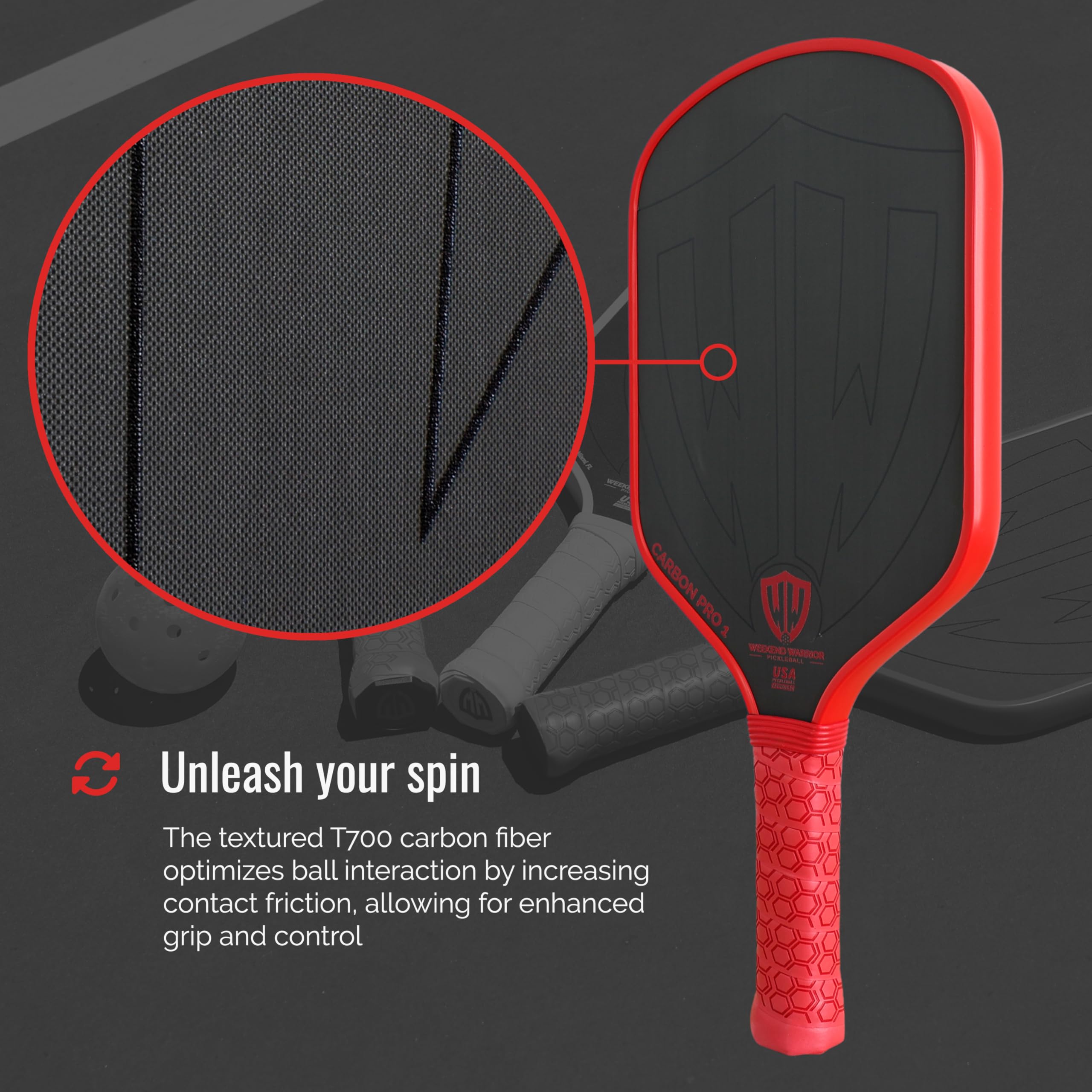 Weekend Warrior Pickleball Paddle - USAPA Approved - T700 Carbon Fiber for Ultimate Spin - Elongated Handle and Shape for Power - Paddle Cover, Paddle Eraser, Lead Tape, Sweatband Included