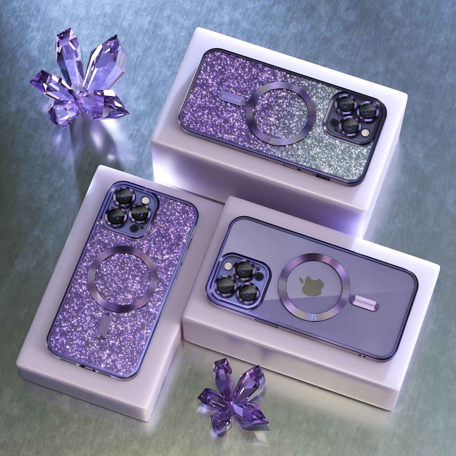 QVLANG Magnetic Clear Case for iPhone 14 Pro Max Case [Compatible with MagSafe] [Full Camera Lens Protection] [2 Replaceable Glitters] Luxury Shiny Cover for Women Girls (6.7") - Deep Purple