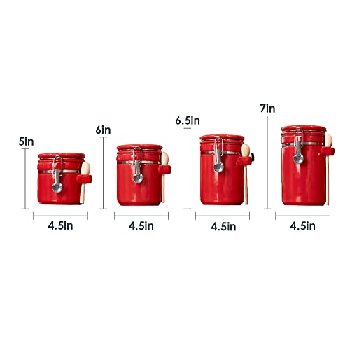 Canister Sets For The Kitchen (4 Piece Set) Red, High Gloss Ceramic | By Home Basics | Decorative Kitchen Set | With Wooden Spoons, Countertop Set For Flour, Sugar, Coffee, and Snacks