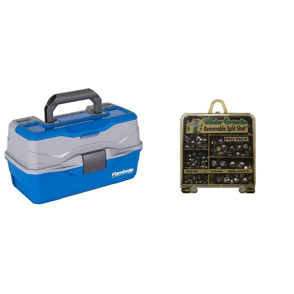 Flambeau Outdoors 6382TB 2-Tray - Classic Tray Tackle Box - Blue/Gray & Water Gremlin Removable Split Shot Pro Pack, 48ea/BB, 36ea/3/0, 16ea/7, 12ea/5, 12ea/4, Multi