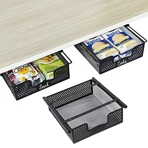 3 Pack Hanging Pullout Drawer Basket, Sliding Under Shelf Storage Organizer with nameplates, Under Shelf Baskets Under Cabinet Organizer Under Desk Drawer for Kitchen Pantry Cabinet, Attaches to Shelf
