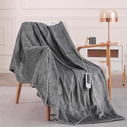 HOMLYNS Heated Blanket Heated Throw, Electric Blanket with 3 Hours Timer Auto-Off & 4 Heating Levels, Double-Layer Flannel Heating Blanket with ETL Certification, Machine Washable (50" x 60", Grey)