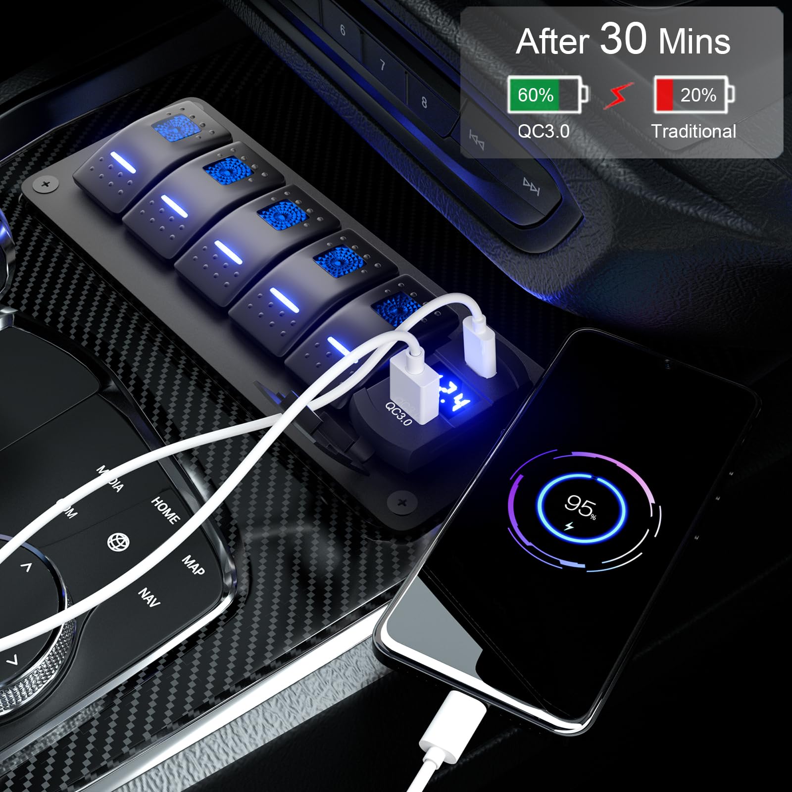 Okerny Rocker Switch Panel 5 Gang+ PD Quick Charge + 3.0 USB + Voltmeter Pre-Wired Aluminum Panel Toggle Switches for Automotive Car Marine Boat RV ATV UTV RZR Off Road…