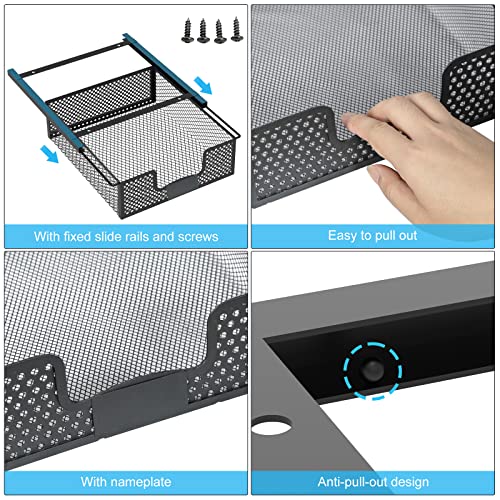 3 Pack Hanging Pullout Drawer Basket, Sliding Under Shelf Storage Organizer with nameplates, Under Shelf Baskets Under Cabinet Organizer Under Desk Drawer for Kitchen Pantry Cabinet, Attaches to Shelf