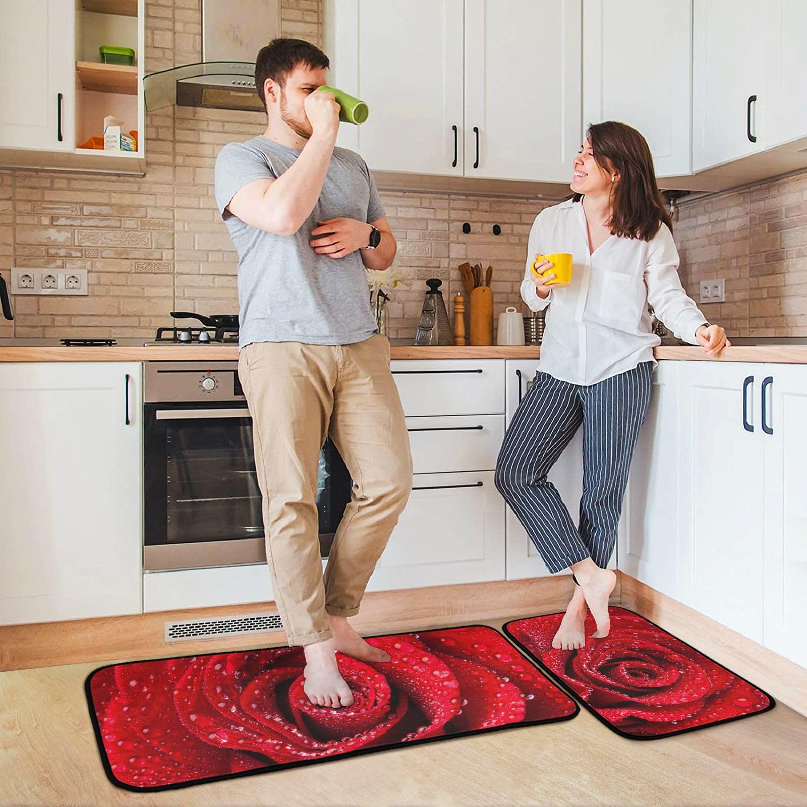 Kigai [2 PCS Red Roses Anti Fatigue Mats for Kitchen Floor Non-Slip Waterpoof Kitchen Rugs Soft and Cushioned Kitchen Mats for Standing, Floor, Office, Laundry, Sink