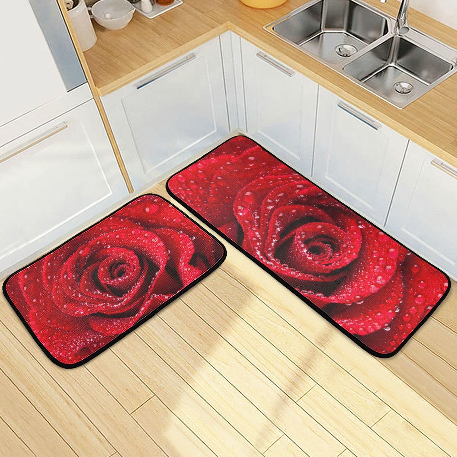 Kigai [2 PCS Red Roses Anti Fatigue Mats for Kitchen Floor Non-Slip Waterpoof Kitchen Rugs Soft and Cushioned Kitchen Mats for Standing, Floor, Office, Laundry, Sink