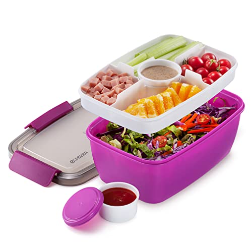GiFBERA Large Salad Container for Lunch - 68 oz Salad Bowl with 5 Compartments Bento-Style Tray, 2 pieces Salad Dressing Containers To Go, Leak-Proof & BPA-Free (Purple)
