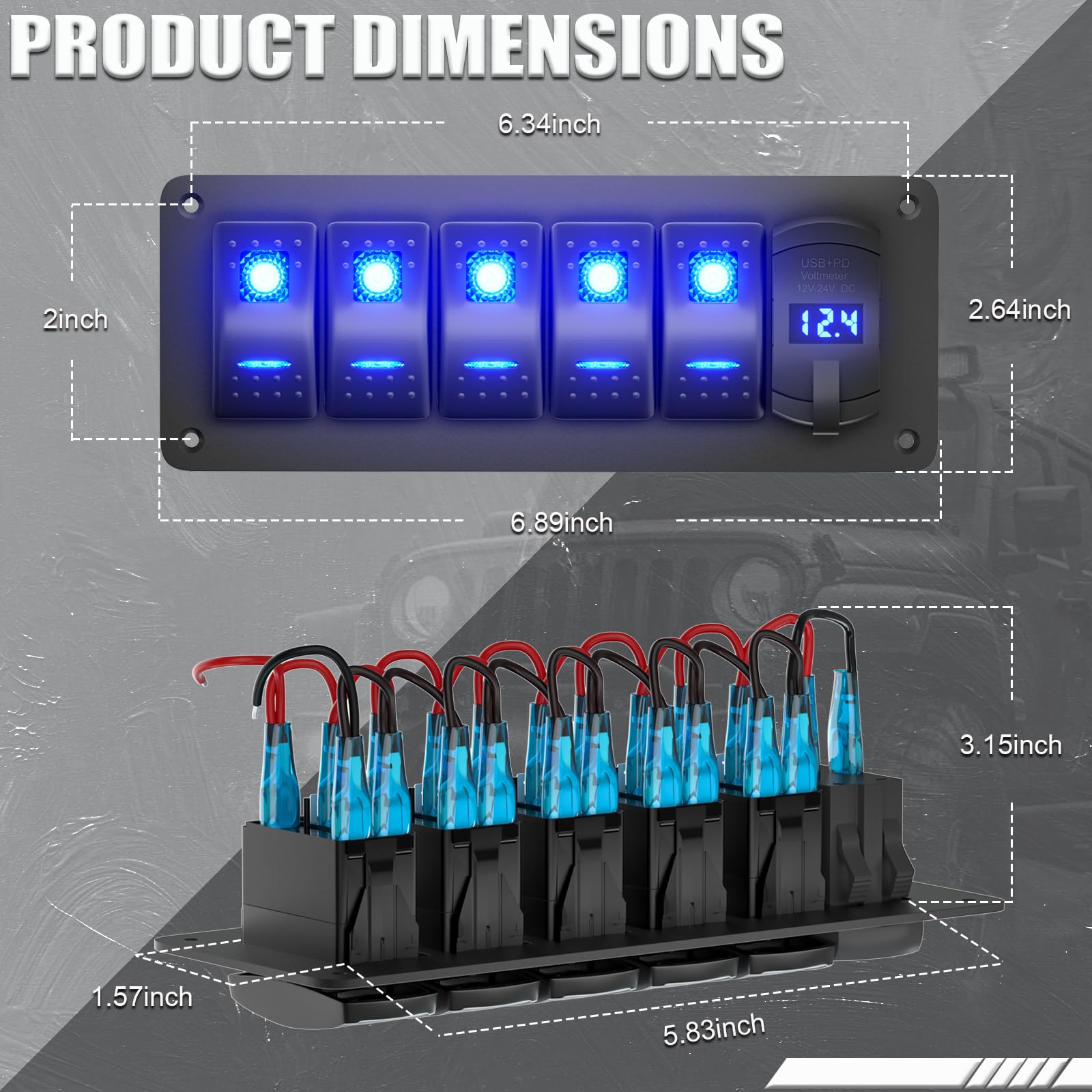 Okerny Rocker Switch Panel 5 Gang+ PD Quick Charge + 3.0 USB + Voltmeter Pre-Wired Aluminum Panel Toggle Switches for Automotive Car Marine Boat RV ATV UTV RZR Off Road…