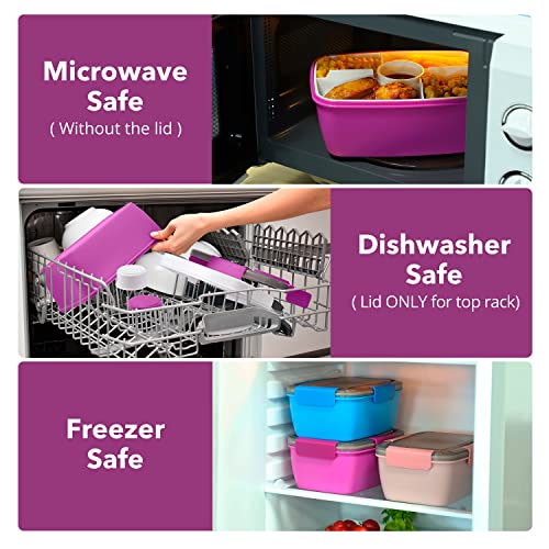 GiFBERA Large Salad Container for Lunch - 68 oz Salad Bowl with 5 Compartments Bento-Style Tray, 2 pieces Salad Dressing Containers To Go, Leak-Proof & BPA-Free (Purple)