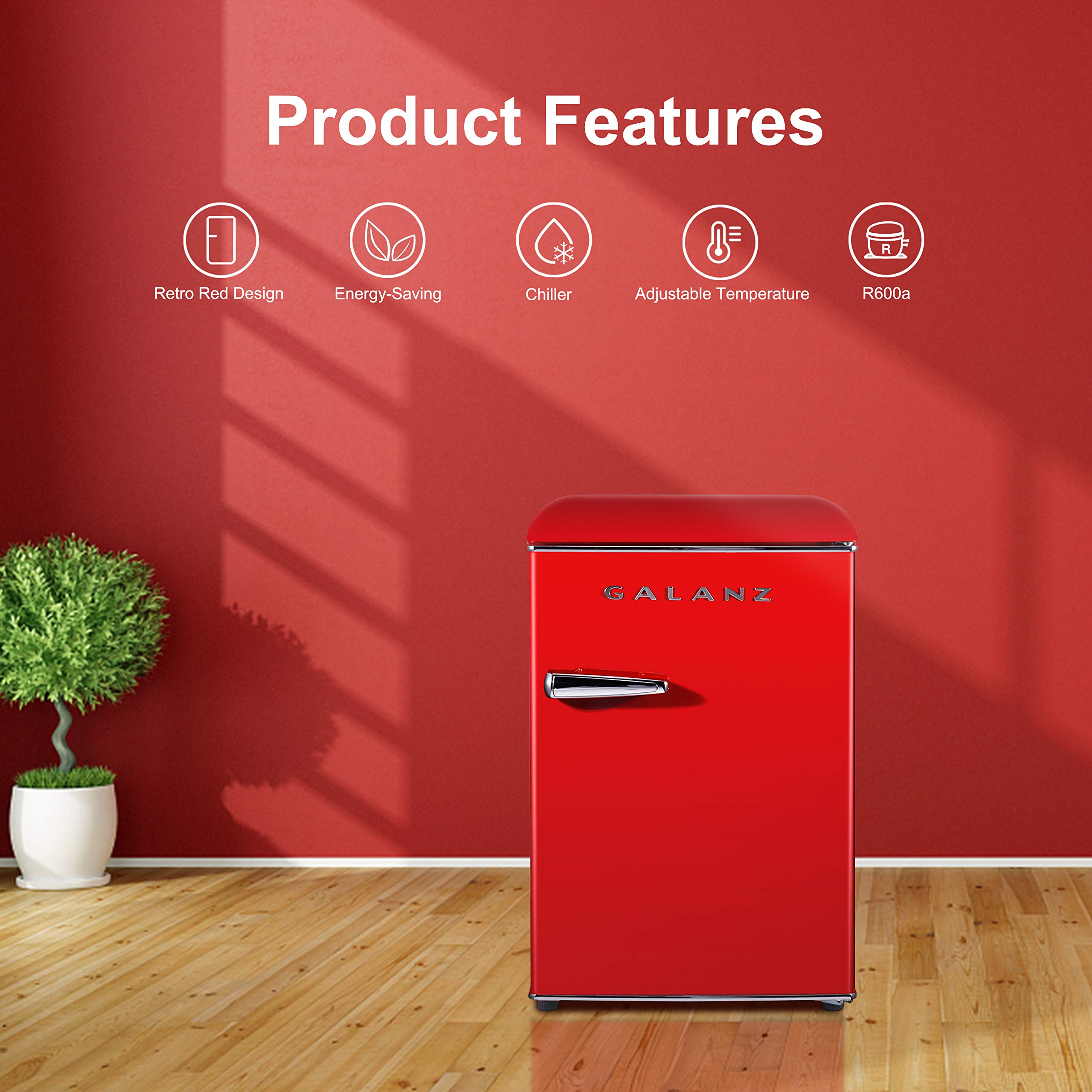 Galanz GLR25MRDR10 Retro Compact Refrigerator, Mini Fridge with Single Doors, Adjustable Mechanical Thermostat with Chiller, Red, 2.5 Cu Ft & GLCMKZ07RDR07 Retro Countertop Microwave Oven