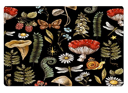 LB Vintage Red Mushroom Bath Mat for Bathroom,Rustic Green Plant and Floral Bathroom Rug, Black Non Slip Absorbent Bathroom Mat Memory Foam Rug Doormat, 24x16 Inch