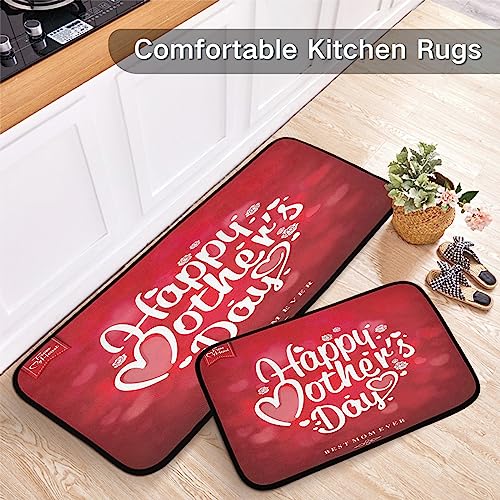 ALAZA Happy Mothers's Day Red Kitchen Mat Set 2Piece,Super Absorbent Kitchen Rugs Mats Non Slip Waterproof Easy Clean Carpets Rugs for Kitchen Floor Sink Laundry Runner Area Rug Carpet