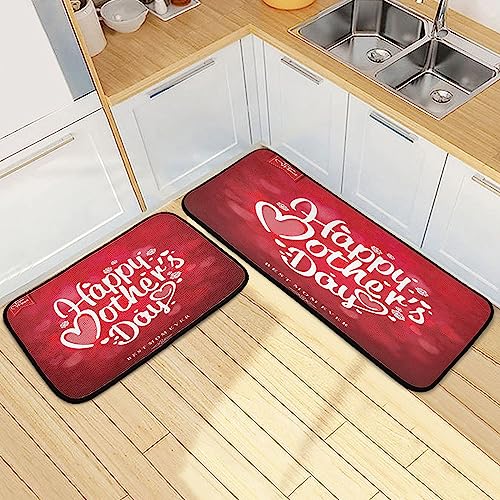 ALAZA Happy Mothers's Day Red Kitchen Mat Set 2Piece,Super Absorbent Kitchen Rugs Mats Non Slip Waterproof Easy Clean Carpets Rugs for Kitchen Floor Sink Laundry Runner Area Rug Carpet
