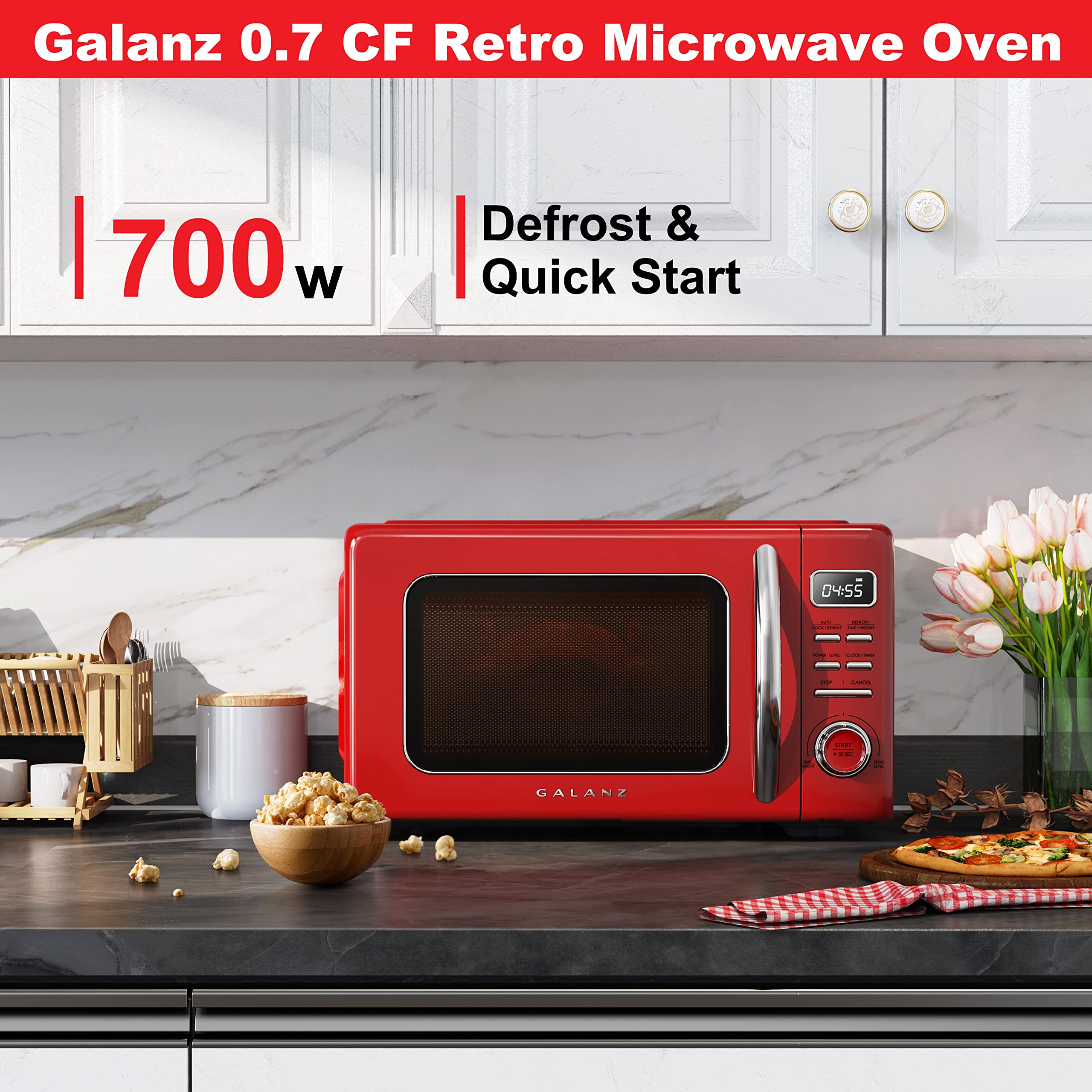 Galanz GLR25MRDR10 Retro Compact Refrigerator, Mini Fridge with Single Doors, Adjustable Mechanical Thermostat with Chiller, Red, 2.5 Cu Ft & GLCMKZ07RDR07 Retro Countertop Microwave Oven