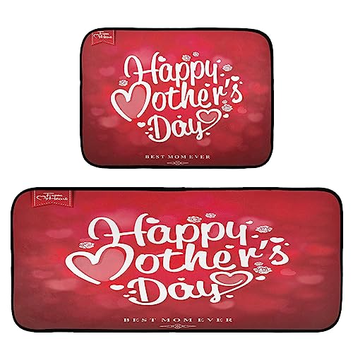 ALAZA Happy Mothers's Day Red Kitchen Mat Set 2Piece,Super Absorbent Kitchen Rugs Mats Non Slip Waterproof Easy Clean Carpets Rugs for Kitchen Floor Sink Laundry Runner Area Rug Carpet