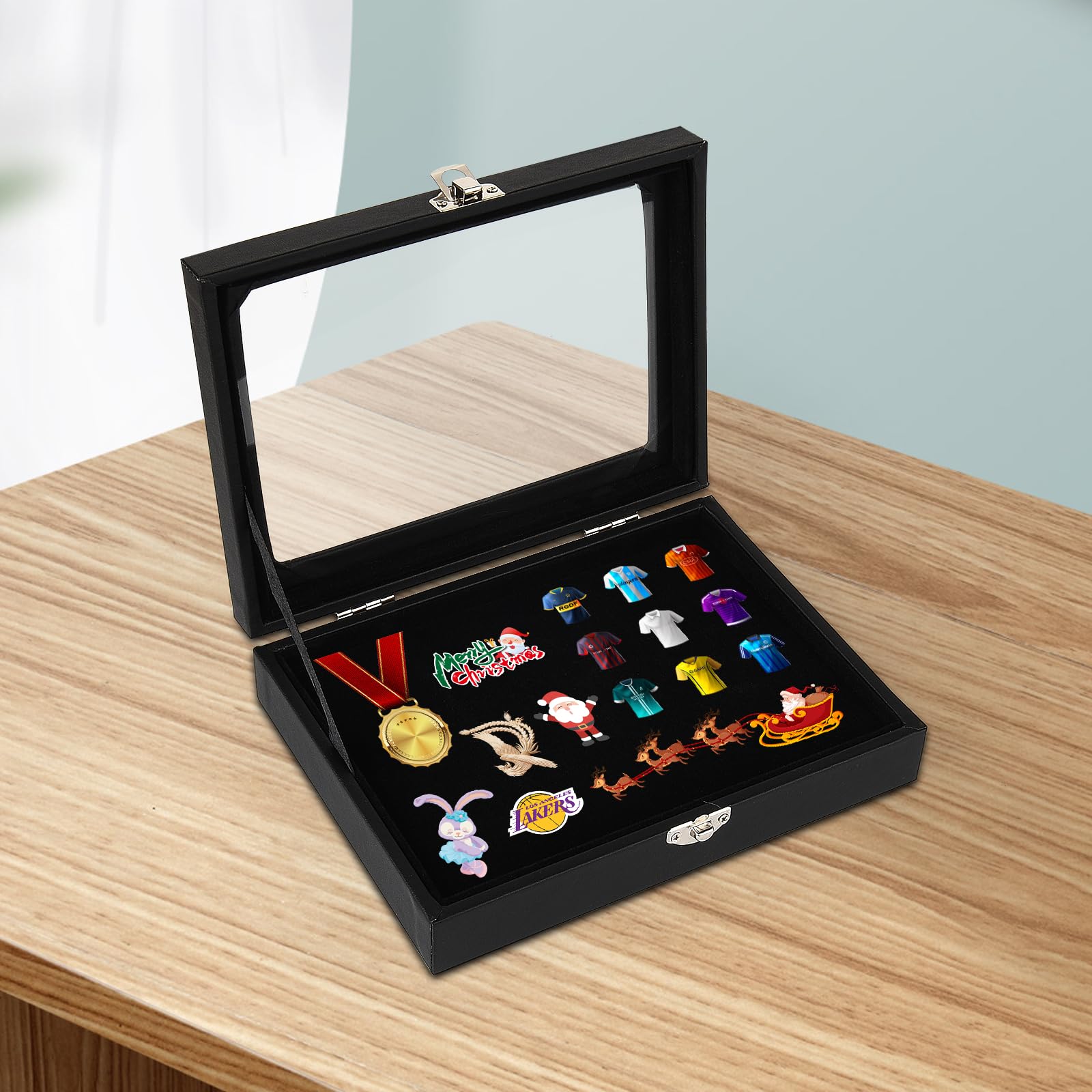 Dustproof Pin Display Case PU Leather 8''x6'' Pin Display Board Shadow Box Frame with Hooks and Wood Frame For Enamel Pin, Military Medals, Jewelry Pins, Pin Badge Collection, Rings, Necklaces (Black)