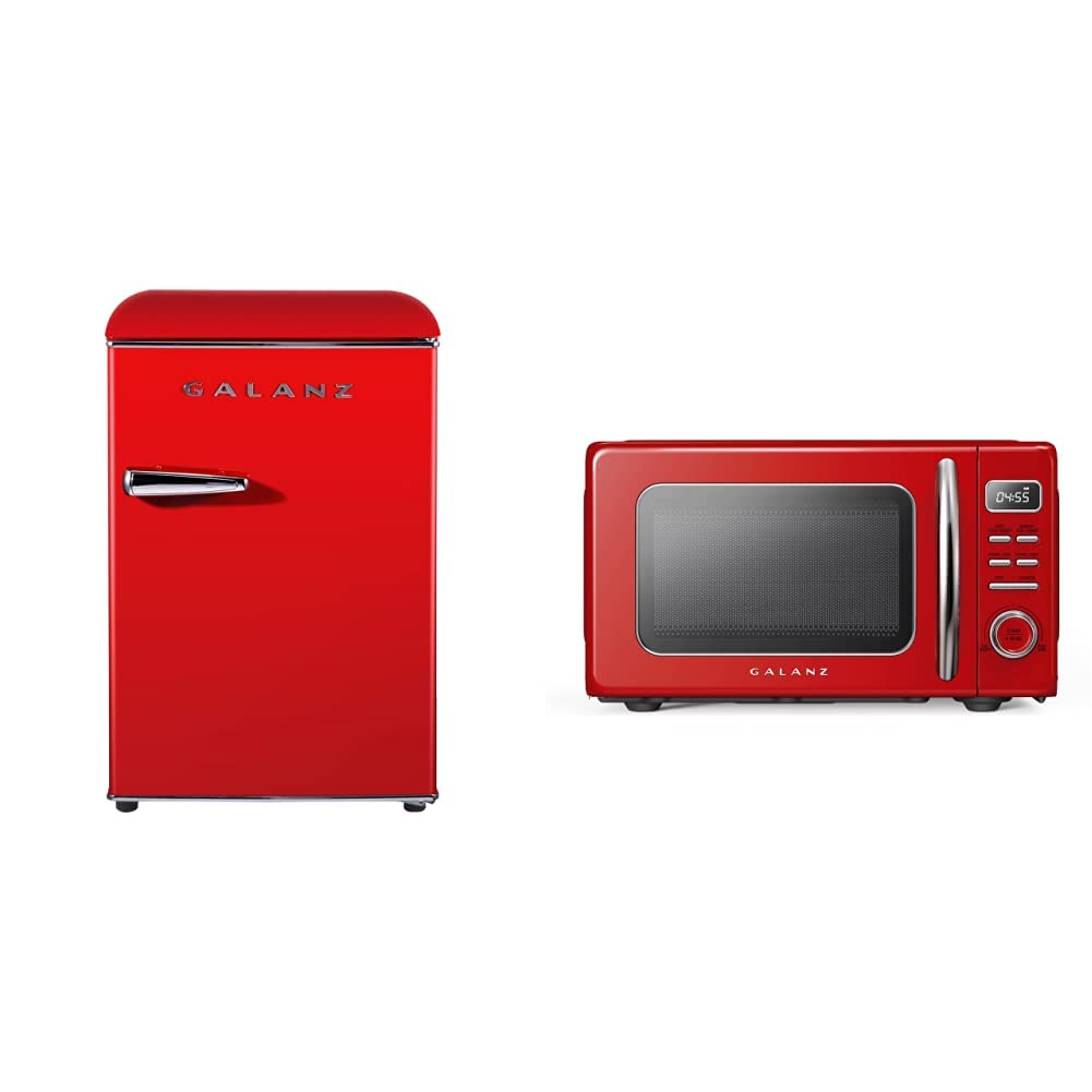 Galanz GLR25MRDR10 Retro Compact Refrigerator, Mini Fridge with Single Doors, Adjustable Mechanical Thermostat with Chiller, Red, 2.5 Cu Ft & GLCMKZ07RDR07 Retro Countertop Microwave Oven