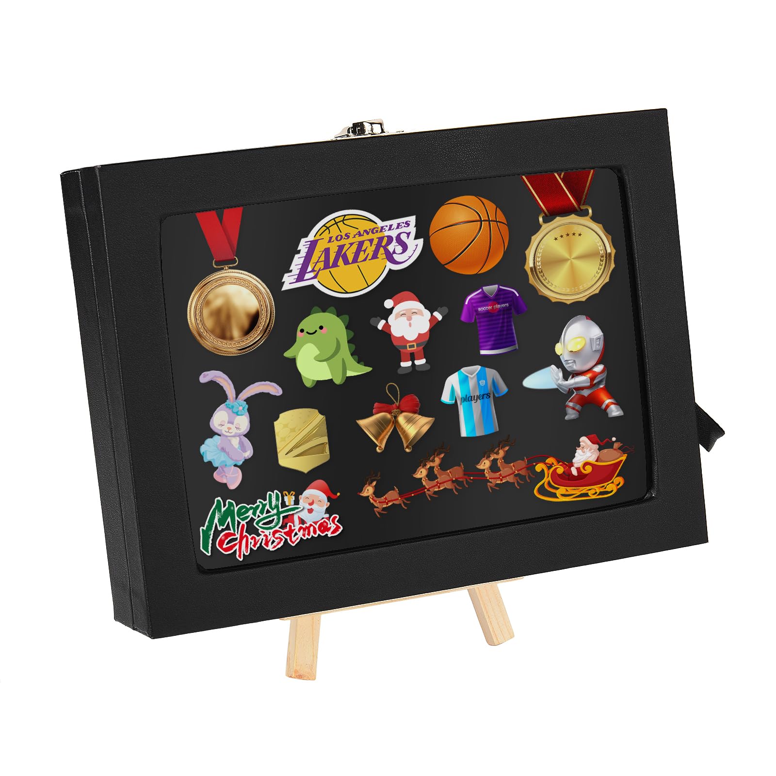 Dustproof Pin Display Case PU Leather 8''x6'' Pin Display Board Shadow Box Frame with Hooks and Wood Frame For Enamel Pin, Military Medals, Jewelry Pins, Pin Badge Collection, Rings, Necklaces (Black)