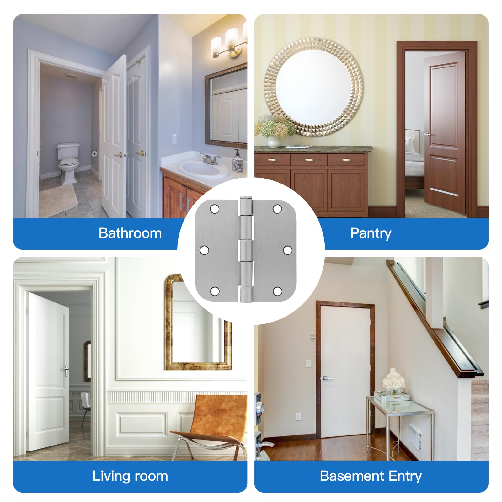 3 Pack Brushed Nickel Door Hinges,3.5 Inch Rounded 5/8" Radius Door Hinges Interior 3 1/2 Inch Door Hinges Bifold Residential Standard Bedroom Indoor Door Hinges for Doors Home
