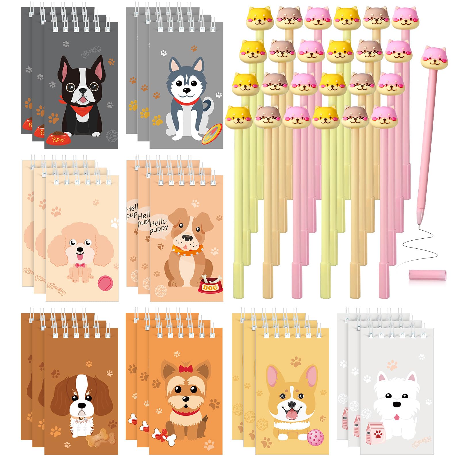 Yeaqee 48 Pcs Dog Party Favors Include 24 Dog Mini Notebooks for Kids 24 Dog Gel Ink Pens Puppy Themed Party Favors Bulk Animal Spiral Notepad Black Ink Pen for Pet Birthday Party Bags Classroom Prize