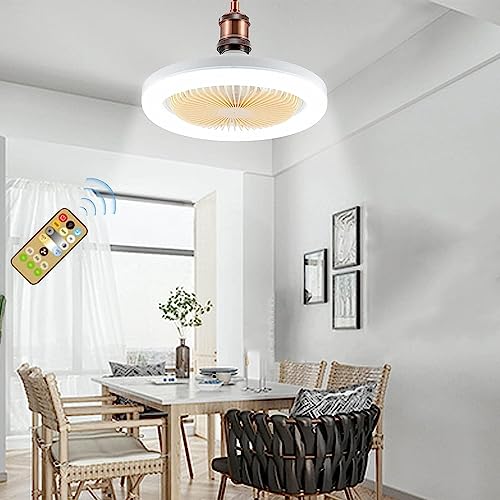 shyliey Low Profile Ceiling Fan Light with Remote Control 2-in-1 Multifunctional Round Modern Dimmable Electric E27 Ceiling Fan Kit with Lights for Home Bedrooms Kitchen Office (Yellow)