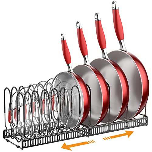 Pots and Pans Organizer, MUDEELA 11 Expandable Pot or Lid Holder, Organizer Rack for Cabinet with 11 Adjustable Dividers,Space-saving Kitchen Organizer Suitable for Pan Drawer, Counter Top, Cupboard