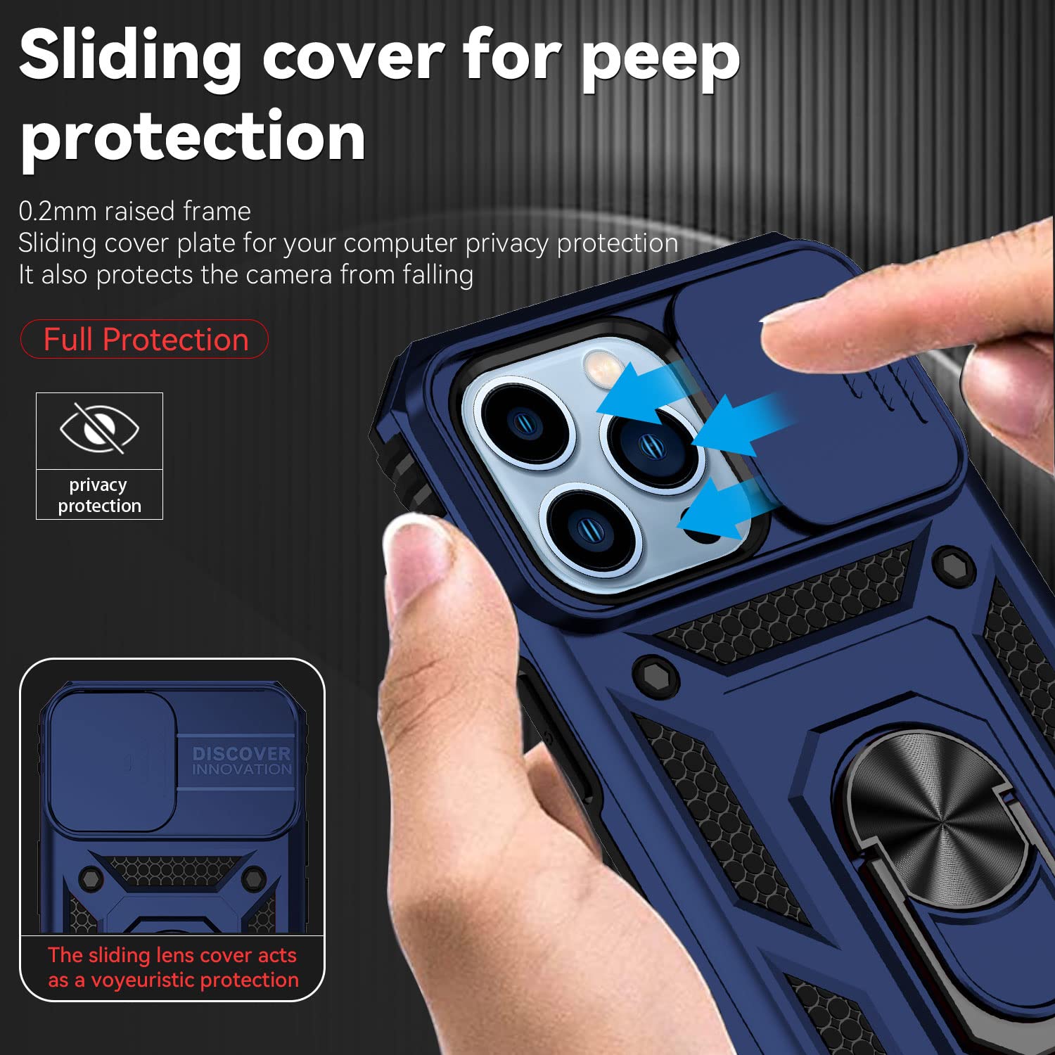 for iPhone 13 Pro Max Case with Camera Lens Cover HD Screen Protector, Military Grade Drop Protection Magnetic Ring Holder Kickstand Protective Phone Case for Apple iPhone 13 Pro Max 6.7 inch (Navy)