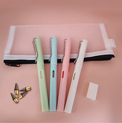 Lyomied 4Pcs Inkless Pencils Eternal, Everlasting Pencil with Eraser, and 4 Replacement Nibs,Unlimited Writing, Reusable Infinity Pencil, NO-Sharpening Pencils for Kids Student Writing Sketch