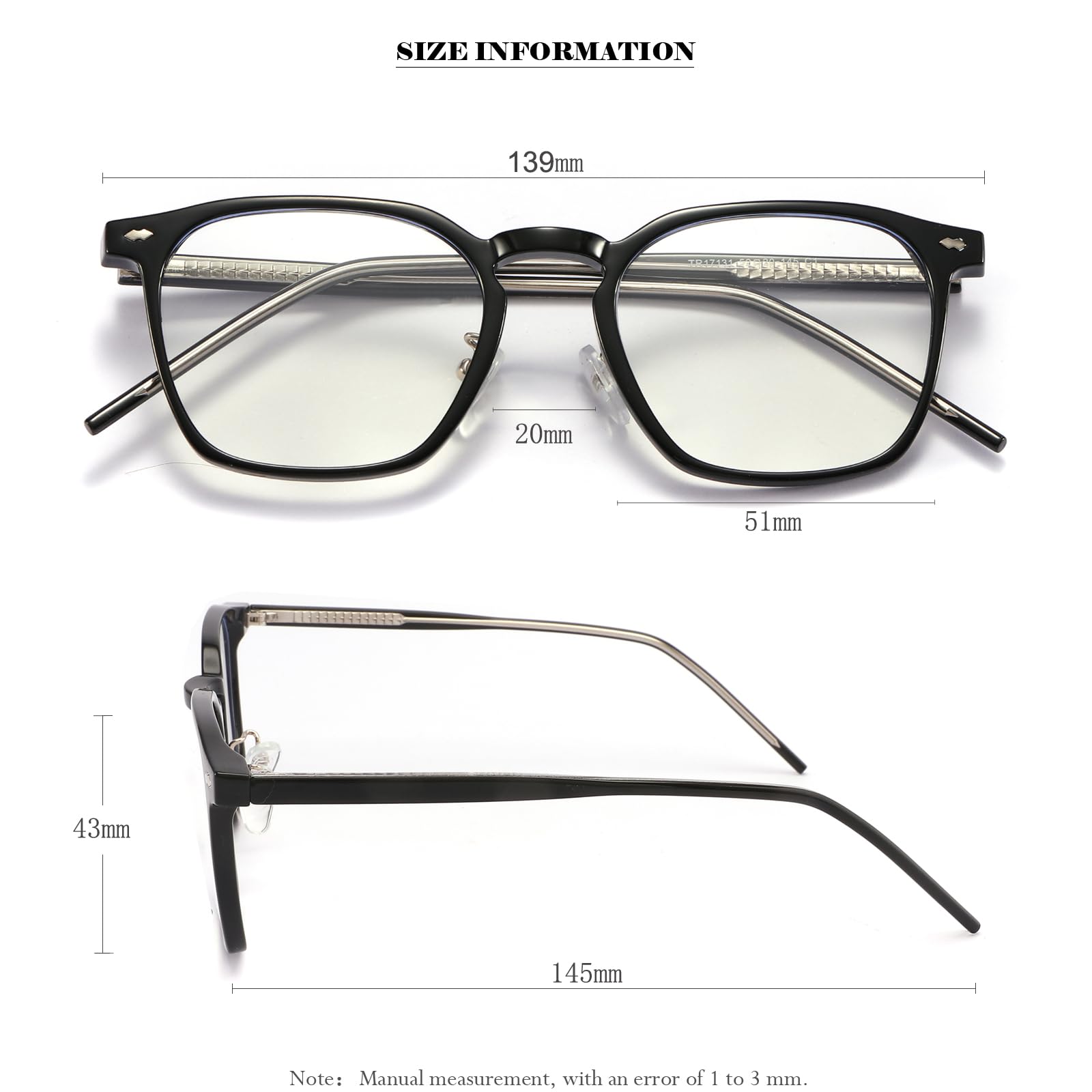 Baililai Blue Light Blocking Glasses - Lightweight Eyeglasses with Blue Ray Filtering for Computer Gaming (17131) (black-C1), 52-20-145