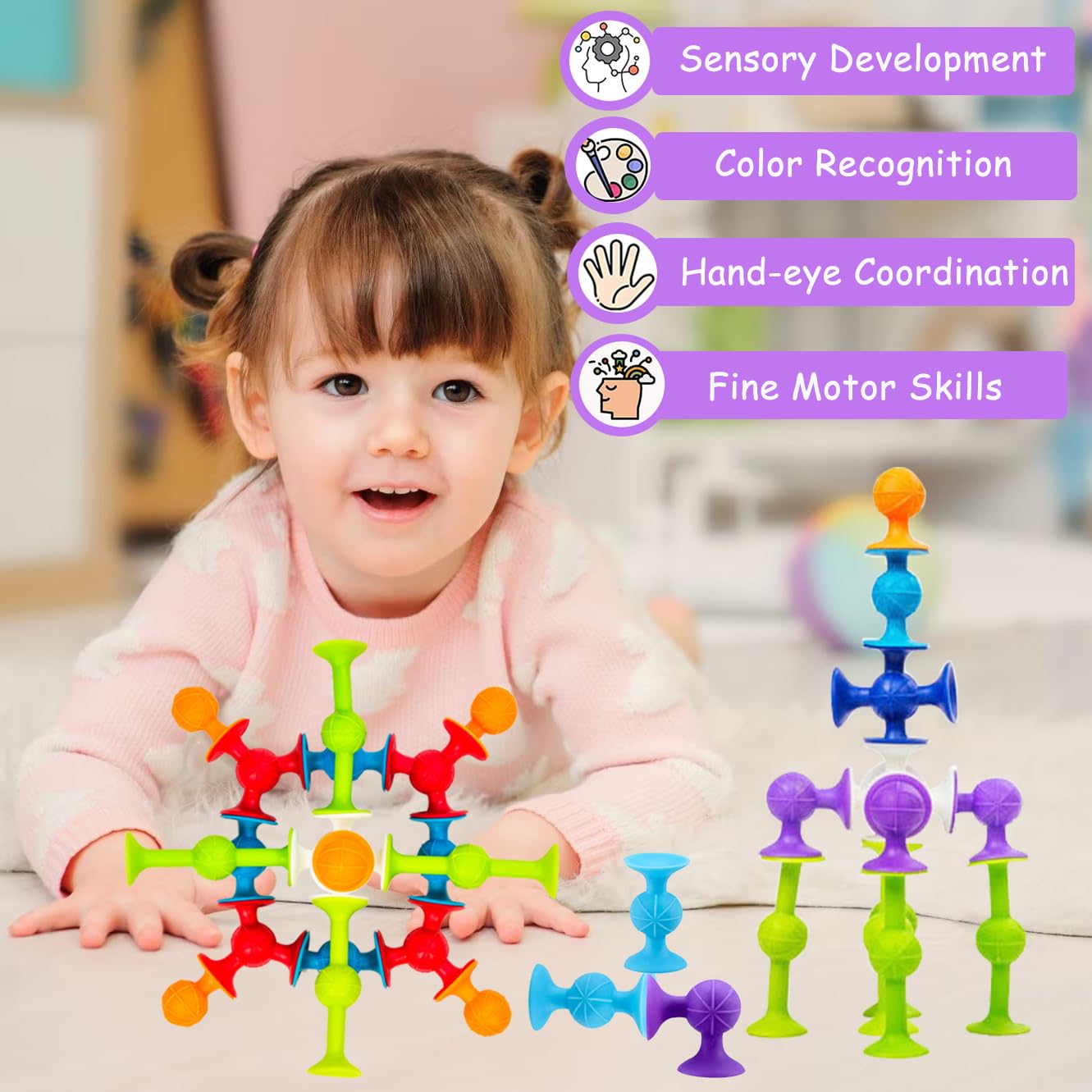 48 Piece Suction Cup Bath Toys for Kids Ages 3+, Sensory Toys for Autistic Children, Travel Window Stem Learning, Bathtub With Storage