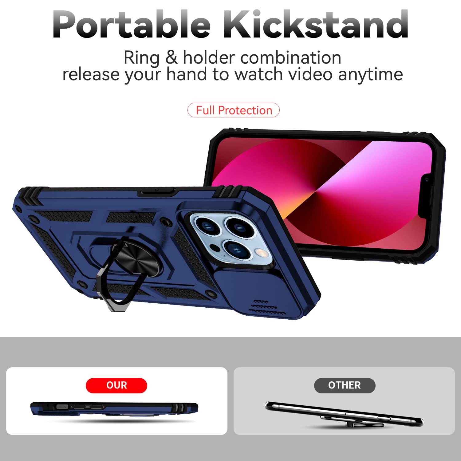 for iPhone 13 Pro Max Case with Camera Lens Cover HD Screen Protector, Military Grade Drop Protection Magnetic Ring Holder Kickstand Protective Phone Case for Apple iPhone 13 Pro Max 6.7 inch (Navy)