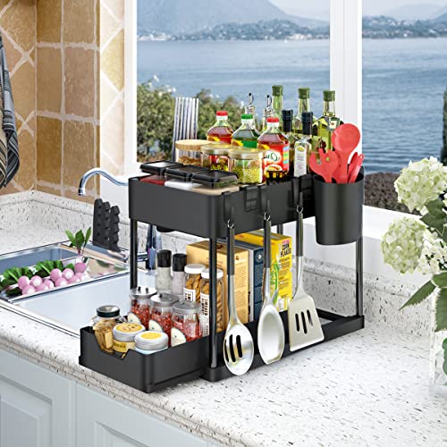 Under Sink Organizers 2 Pack, 2 Tier Sliding Under Bathroom Cabinet Storage Drawer Organizer with Hooks, Hanging Cup, Dividers for Bathroom, Kitchen Multi-Purpose, Under Sink Organizers and Storage