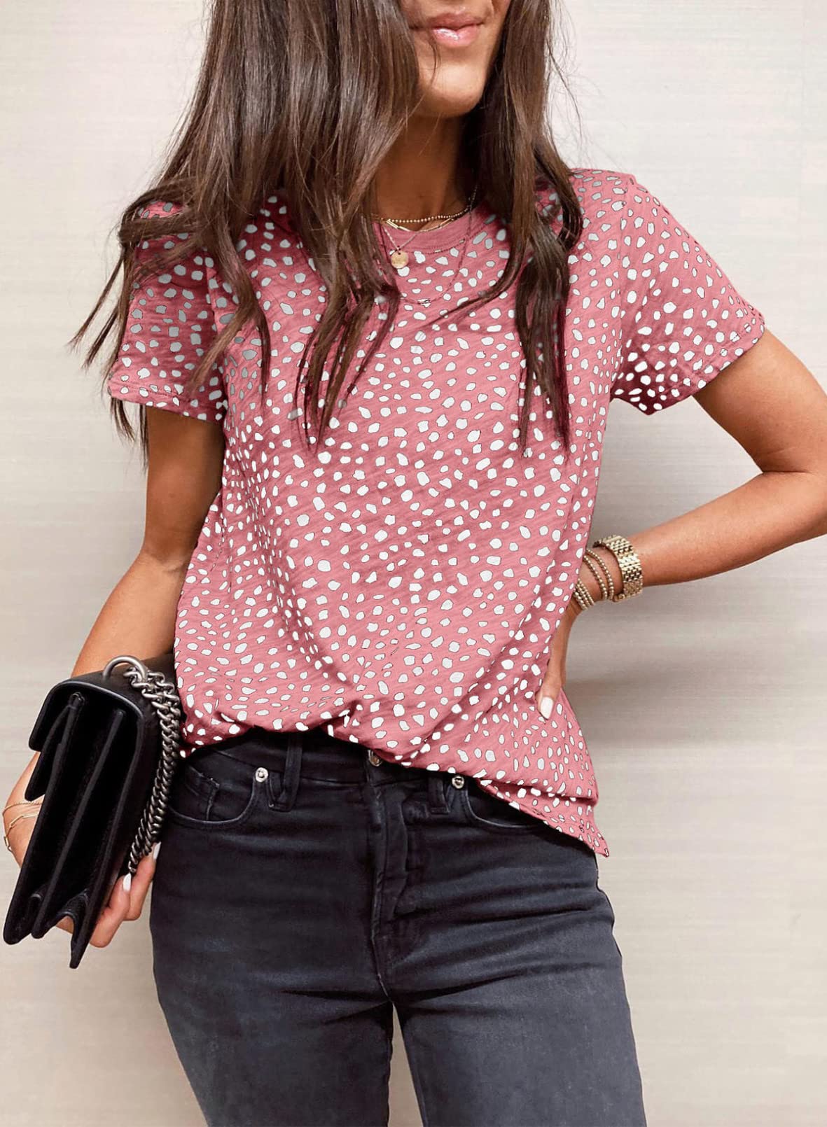 EVALESS Womens Casual Polka Dot Tops Crewneck Short Sleeve T Shirts Fashion 2023 Spring Summer Loose Fit Shirts Pink Medium