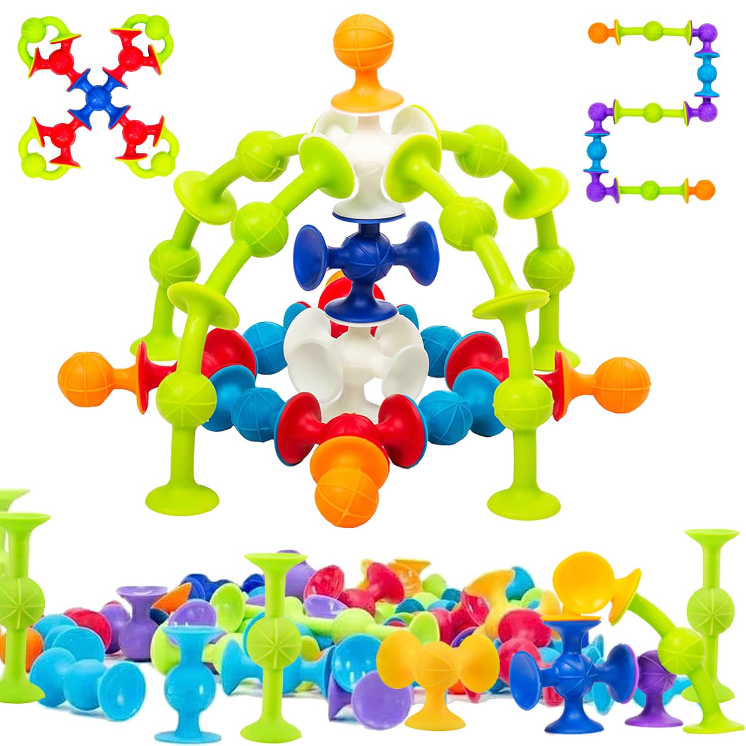 48 Piece Suction Cup Bath Toys for Kids Ages 3+, Sensory Toys for Autistic Children, Travel Window Stem Learning, Bathtub With Storage