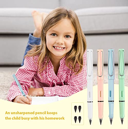 Lyomied 4Pcs Inkless Pencils Eternal, Everlasting Pencil with Eraser, and 4 Replacement Nibs,Unlimited Writing, Reusable Infinity Pencil, NO-Sharpening Pencils for Kids Student Writing Sketch