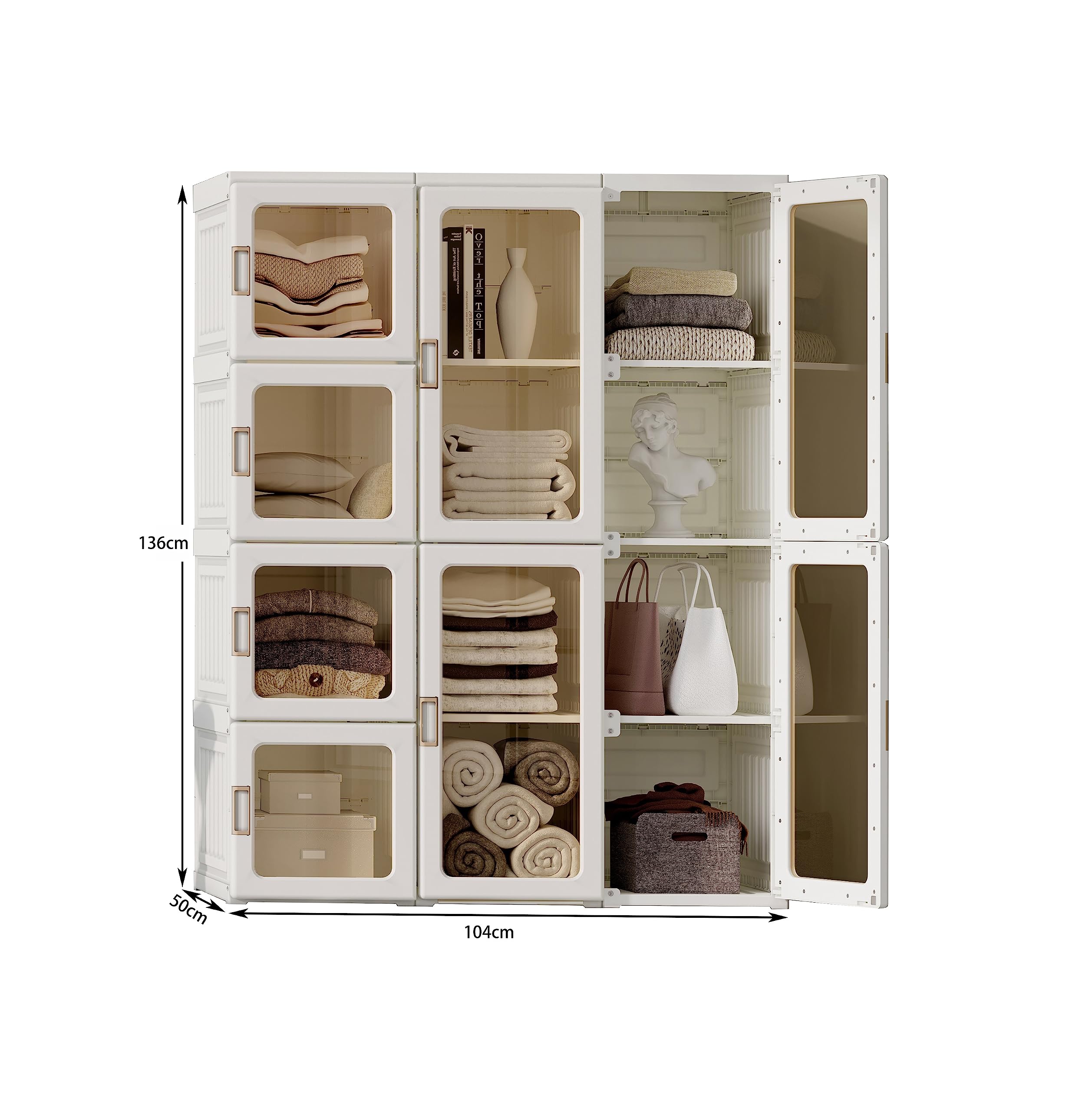 HYLA Portable Closet Clothes Wardrobe, Plastic Bedroom Decoration, Depth Cube Storage Organizer with Transparent Doors, White (12 Grids 8 Doors)