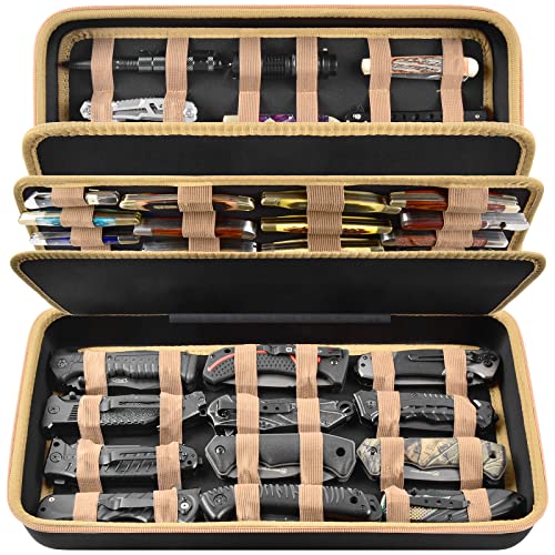 Knife Display Case for 64+ Pocket Knives, Butterfly Knife Storage Box, Folding Knives Organizer Holder, Knives Collection Protector for Survival, Tactical, Outdoor, EDC Mini Knife (Bag Only) - Brown
