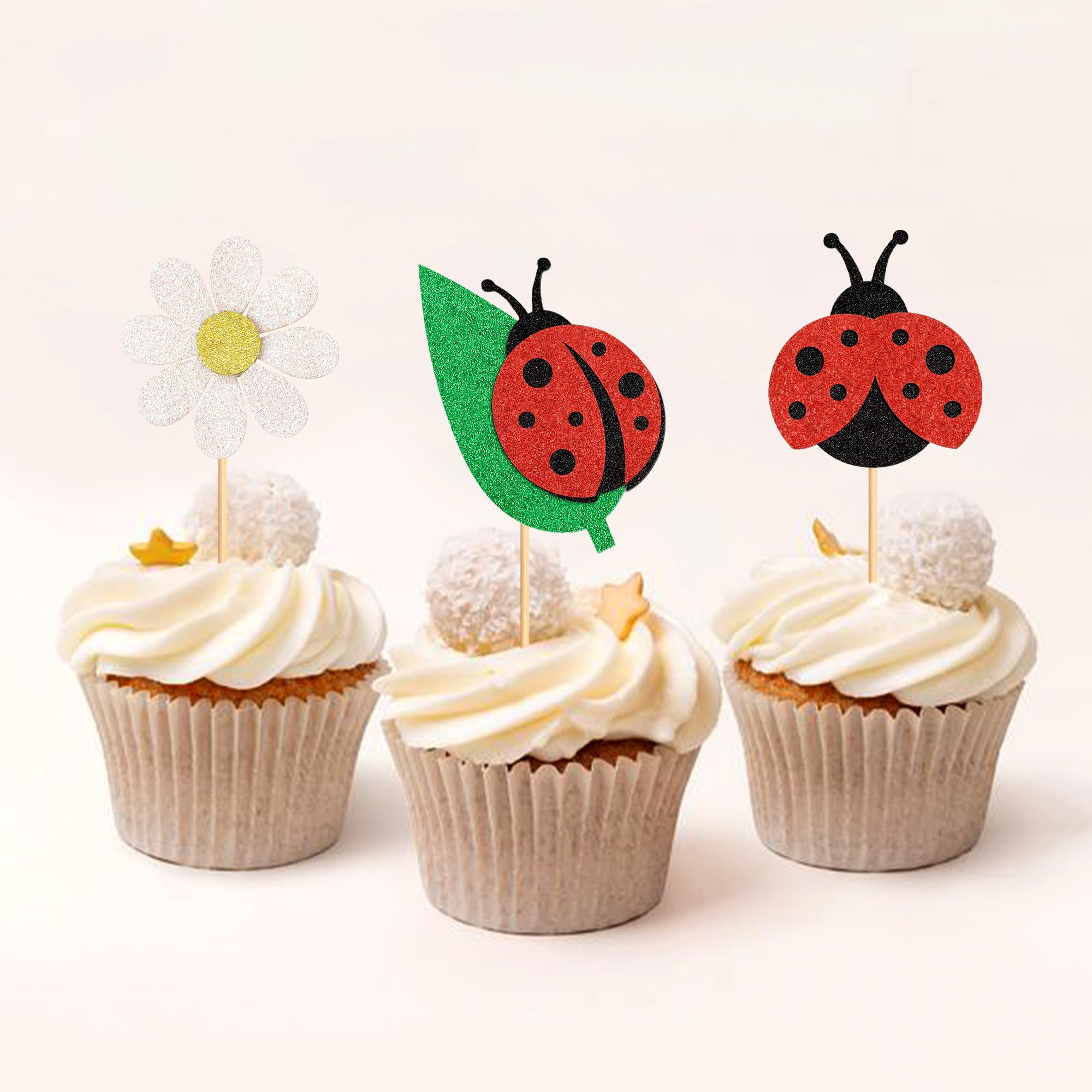 Cyodoos 24Pcs Ladybug Cupcake Toppers Flowers Insects Cupcake Picks Garden Theme Baby Shower Kids Birthday Party Cake Decorations Supplies