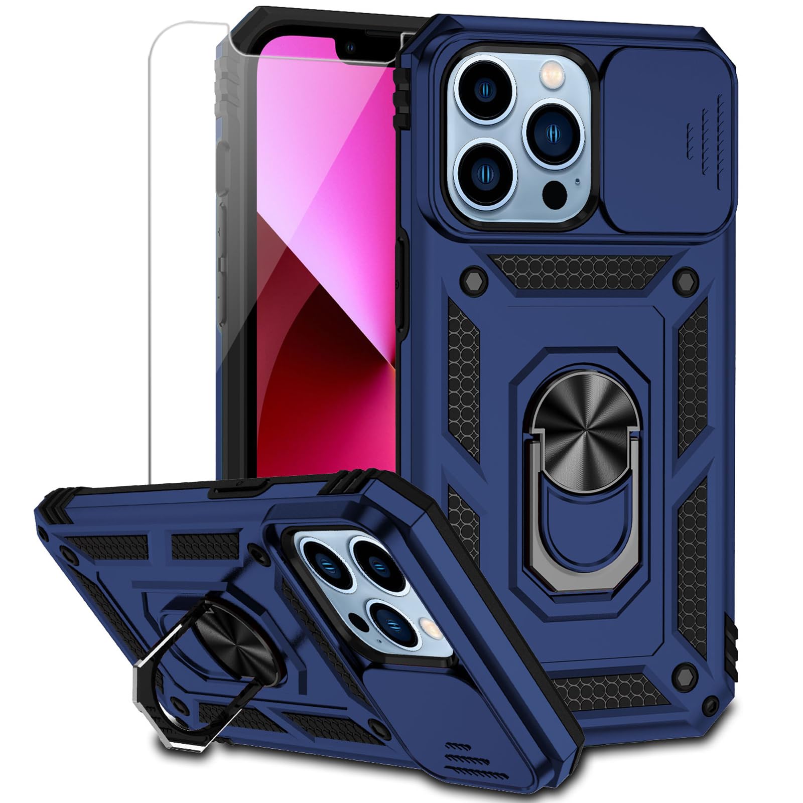for iPhone 13 Pro Max Case with Camera Lens Cover HD Screen Protector, Military Grade Drop Protection Magnetic Ring Holder Kickstand Protective Phone Case for Apple iPhone 13 Pro Max 6.7 inch (Navy)
