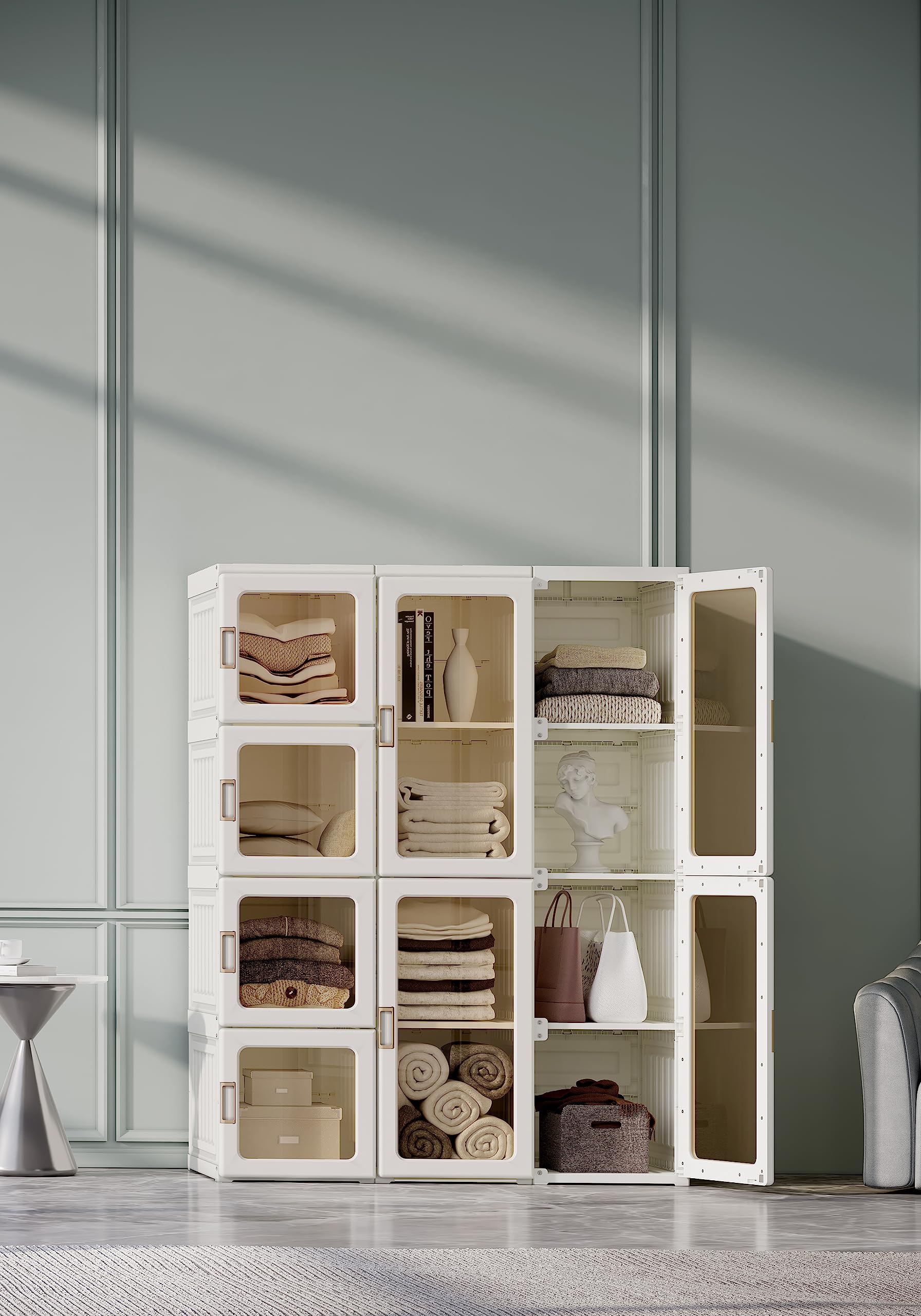 HYLA Portable Closet Clothes Wardrobe, Plastic Bedroom Decoration, Depth Cube Storage Organizer with Transparent Doors, White (12 Grids 8 Doors)