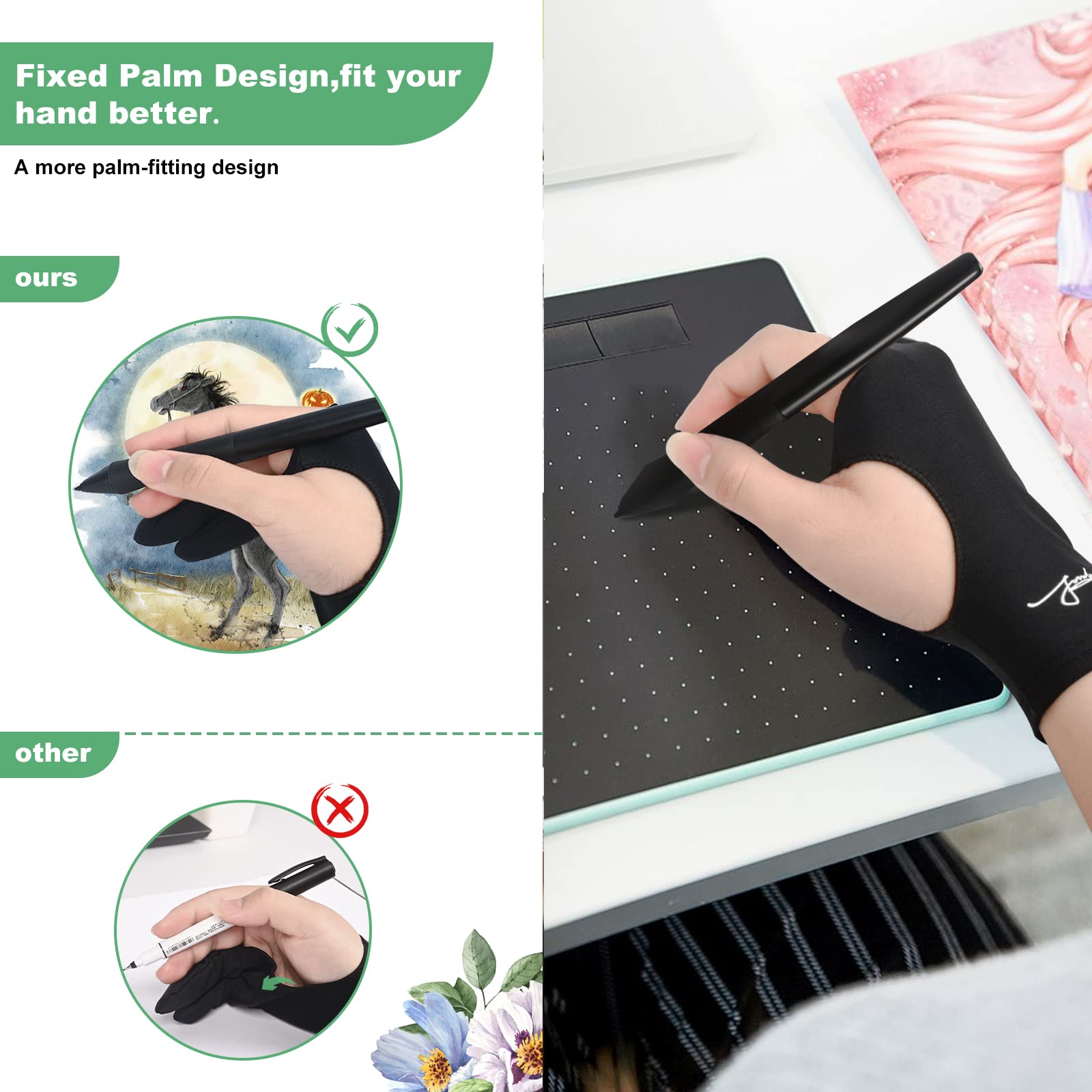 Joinliyu Digital Drawing Glove Right Hand for ipad, Paper Sketching,2 Pack Artist Glove for Drawing Tablet,Two Finger Art Glove Left Hand,Smudge Guard,Medium