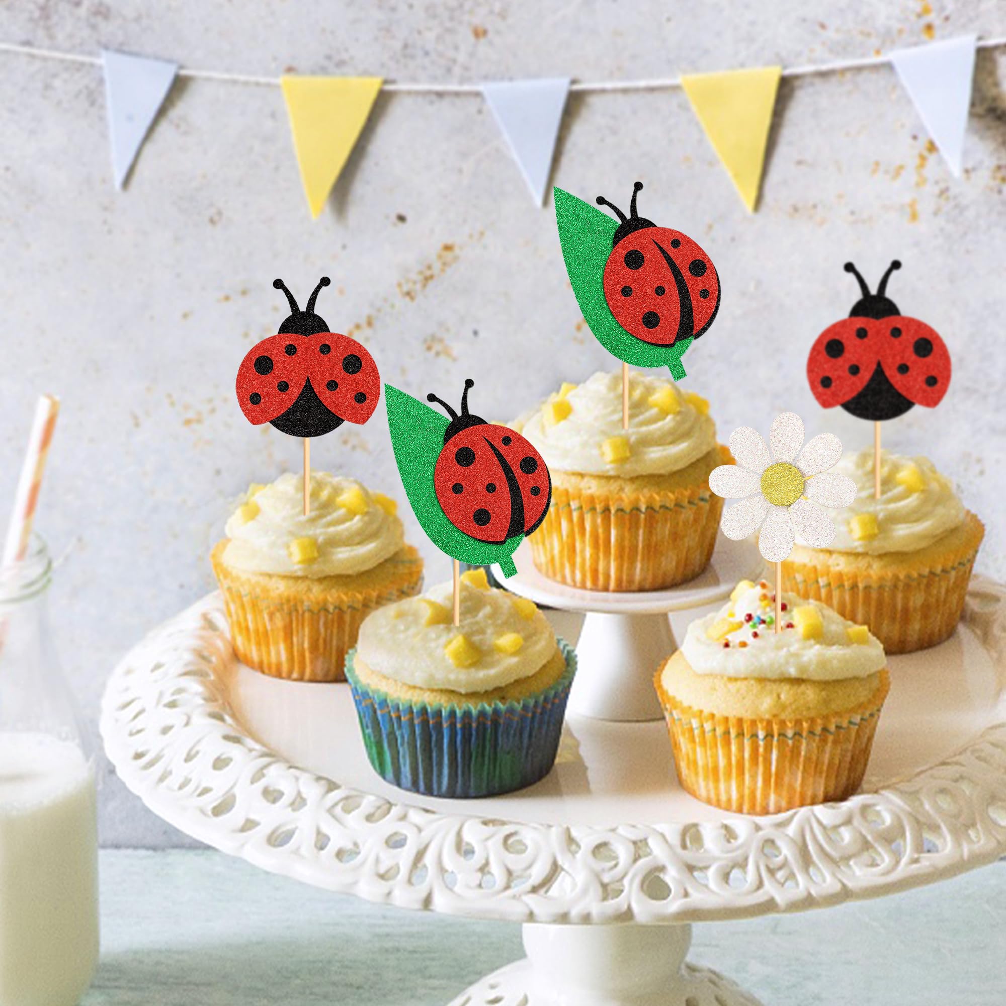 Cyodoos 24Pcs Ladybug Cupcake Toppers Flowers Insects Cupcake Picks Garden Theme Baby Shower Kids Birthday Party Cake Decorations Supplies